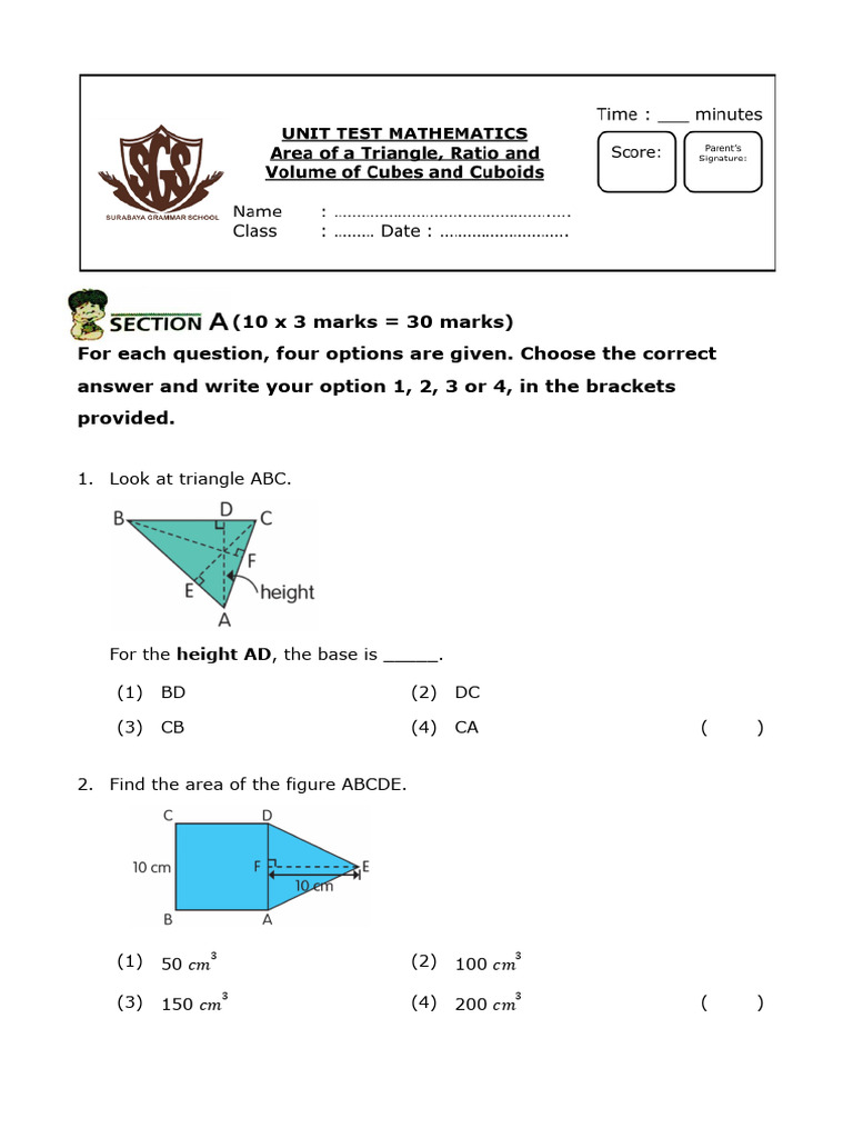 Mathematics Unit Test Term 2 | PDF | Volume | Area