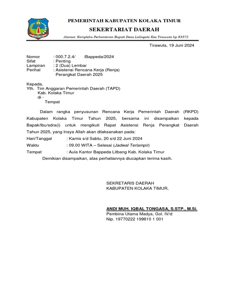 Surat Asistensi Renja - TAPD | PDF