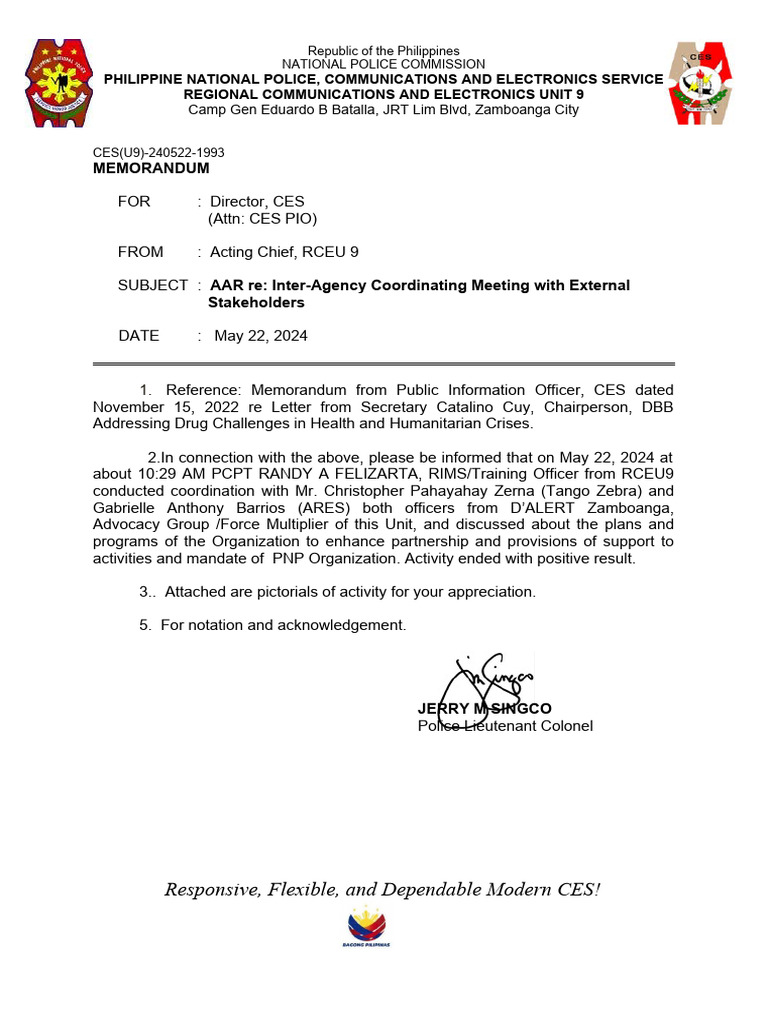 AAR Re Coordinating Meeting With Stakeholders - As of May 22, 2024 | PDF