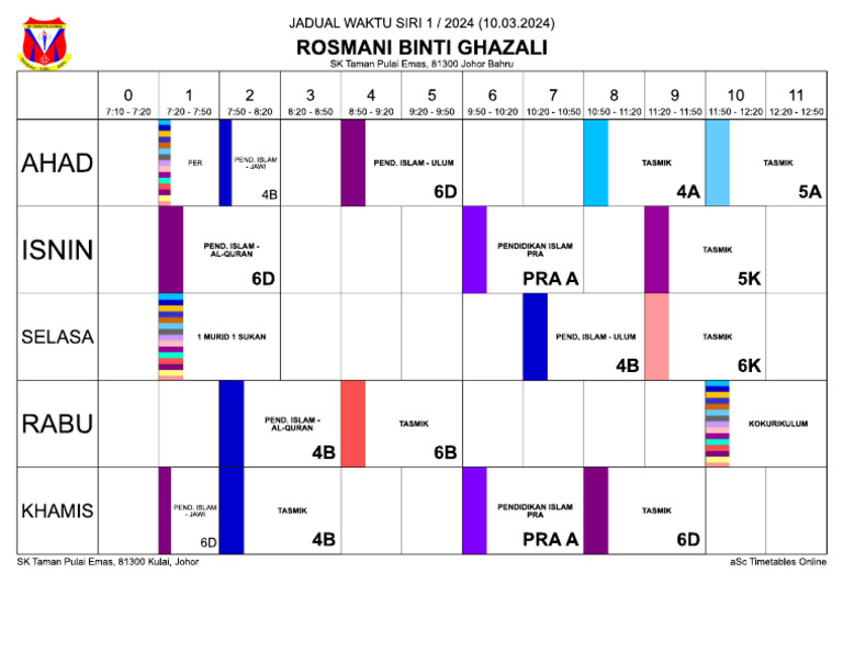 Rosmani - Jadual Waktu Guru Sesi Pagi Bil-1 2024 - 27 | PDF