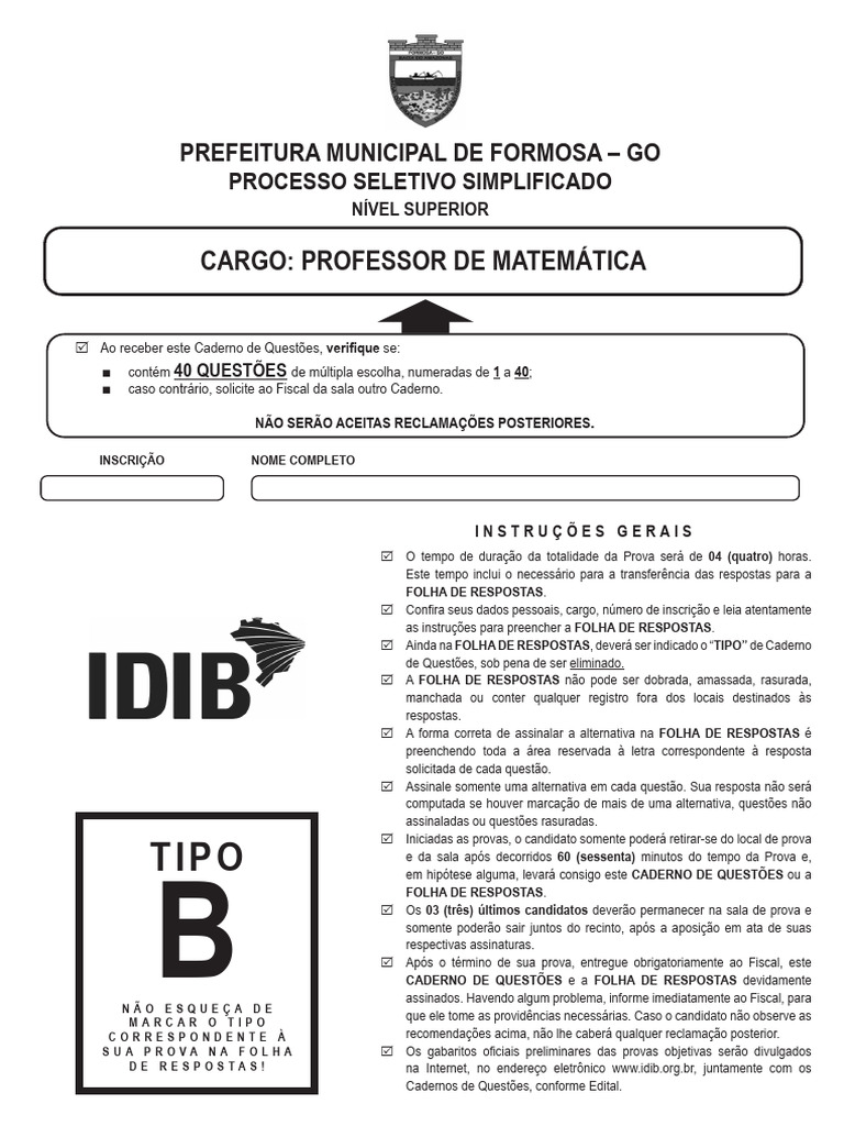 Prova Professor de Matemática IDIB 2024-1 Tipo B | PDF | Pré-escola ...