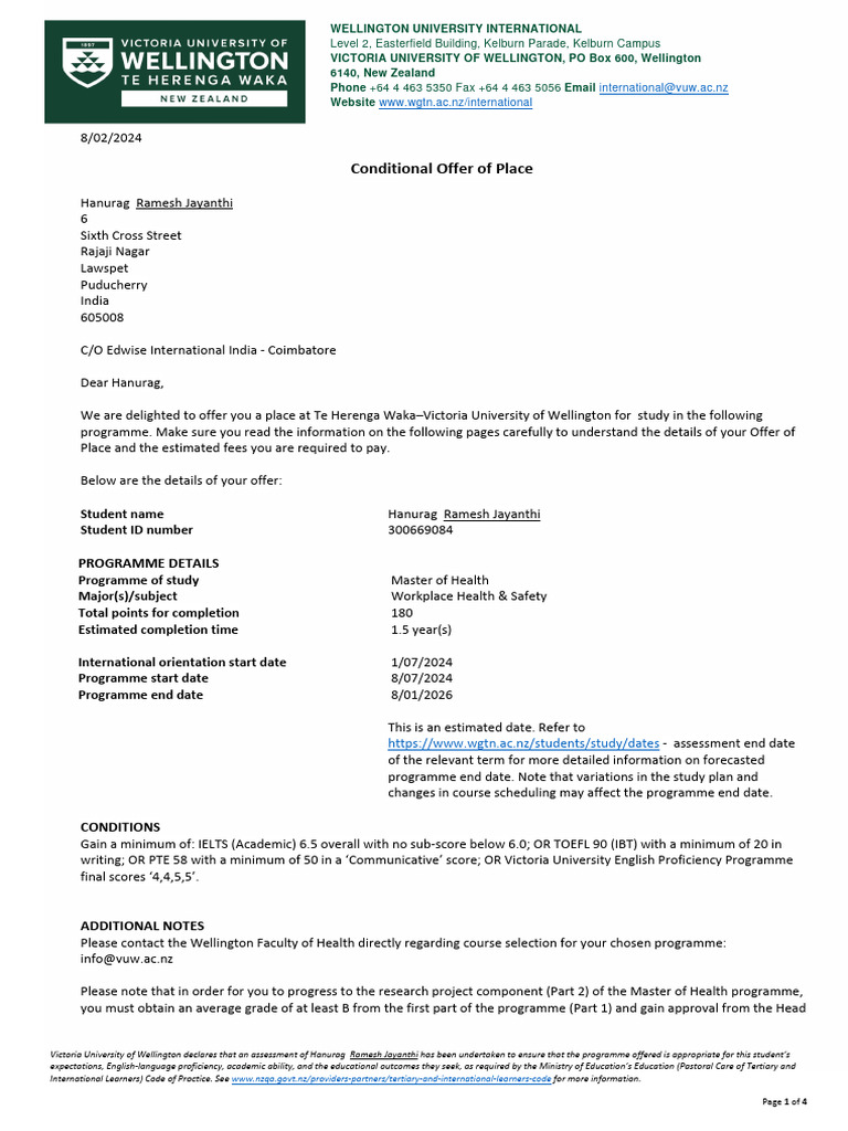 Conditional Offer of Place | PDF | Fee | Insurance
