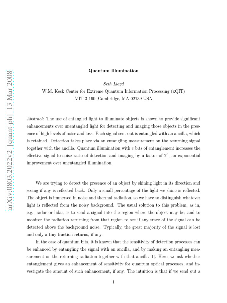 Quantum Illumination with Entangled Light | PDF | Photon | Physics