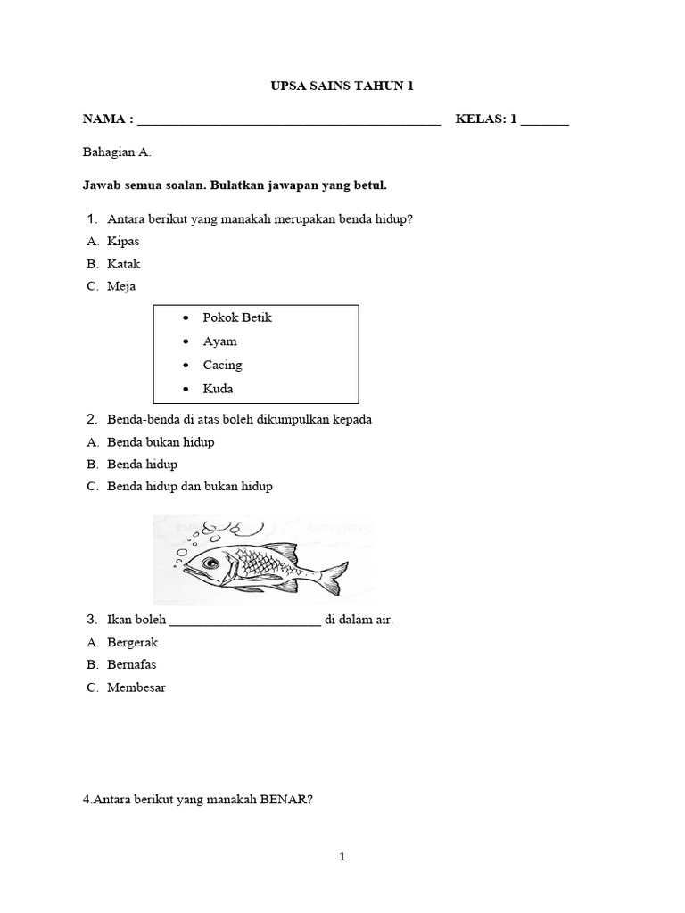 SOALAN UPSA TAHUN 1 | PDF
