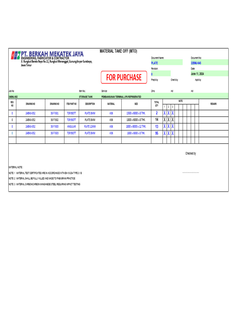 24BMJ-052-MTO-Rev - 0 PLATE (Top and Bott) | PDF | Materials