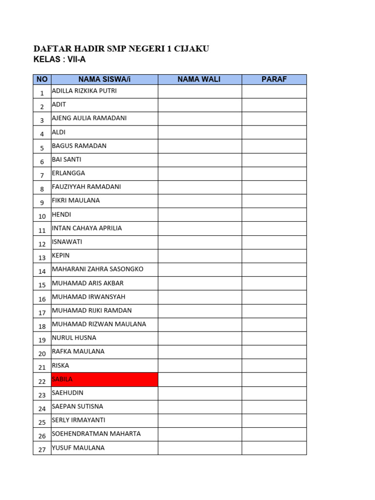 Daftar Hadir Siswa Smpn 1 Cijaku 2023 2024 Pdf
