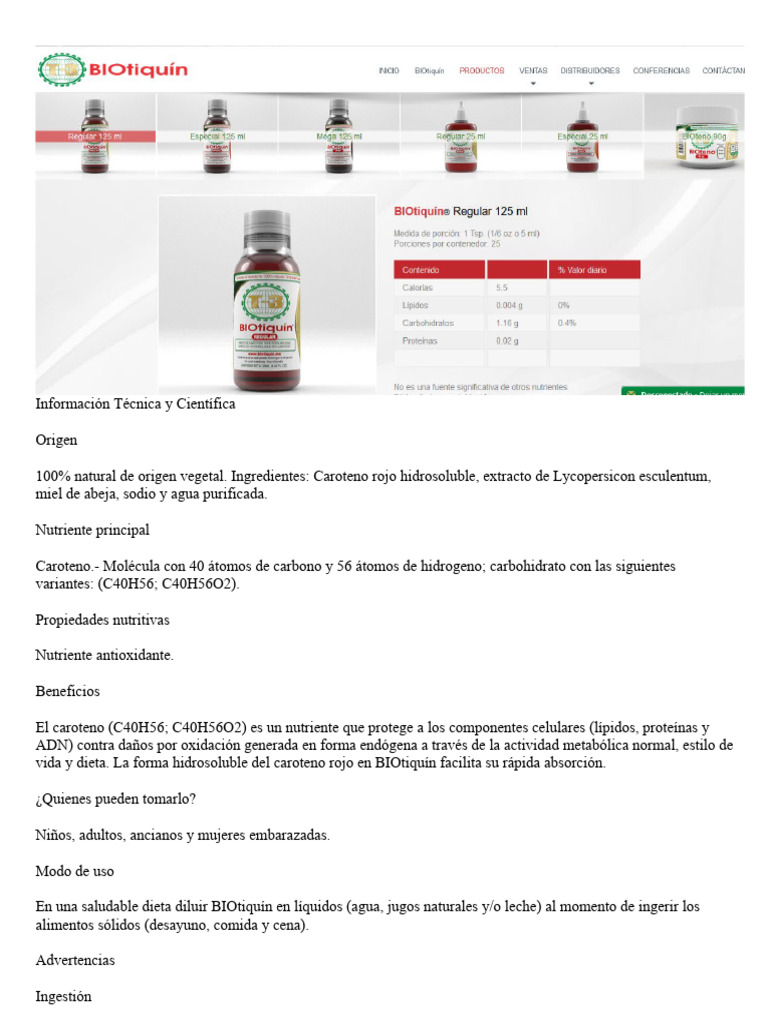 Caroteno Rojo Hidrosoluble BIOtiquín | PDF | Alimentos | Nutrientes