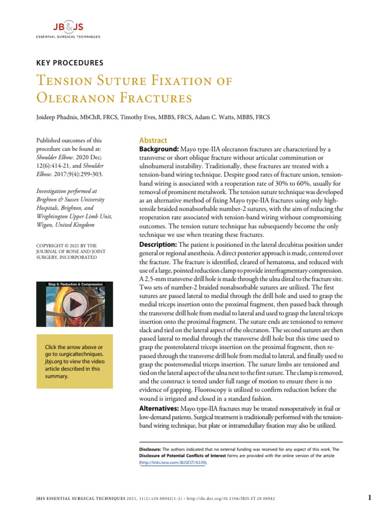 Tension Suture Fixation of Olecranon Fractures | PDF | Elbow | Injury
