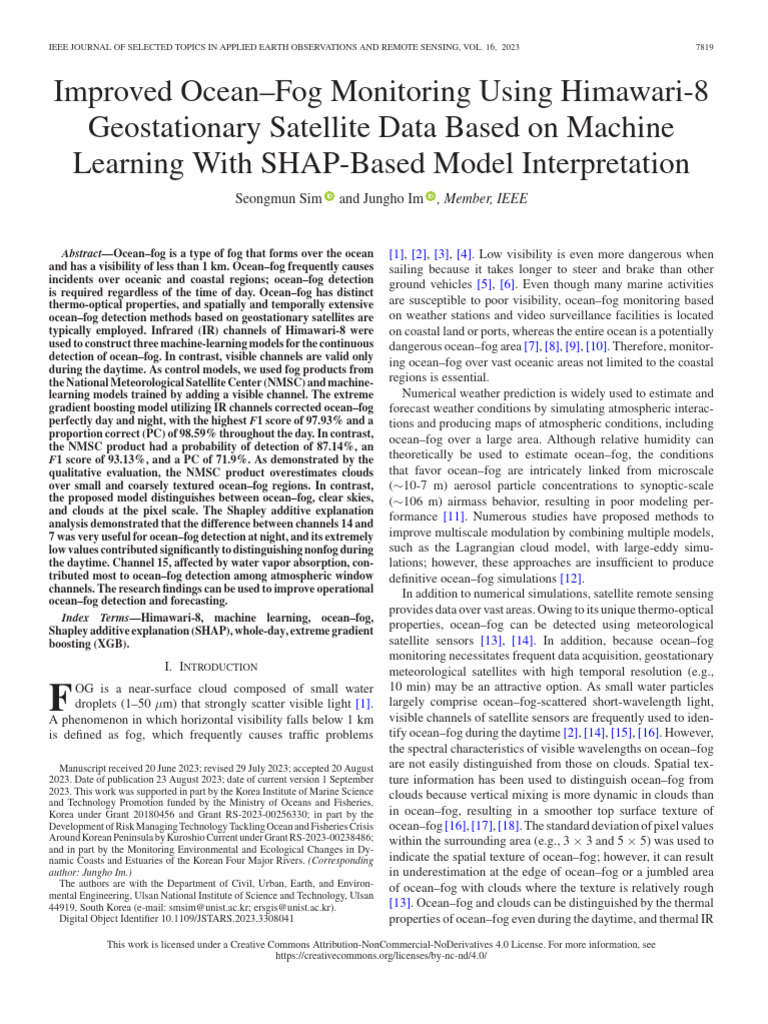Improved Ocean–Fog Monitoring Using Himawari-8 Geostationary Satellite Data Based on Machine ...