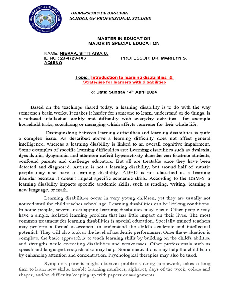 UdD-Reflection 3 April 14 | PDF | Learning Disability | Attention Deficit Hyperactivity Disorder