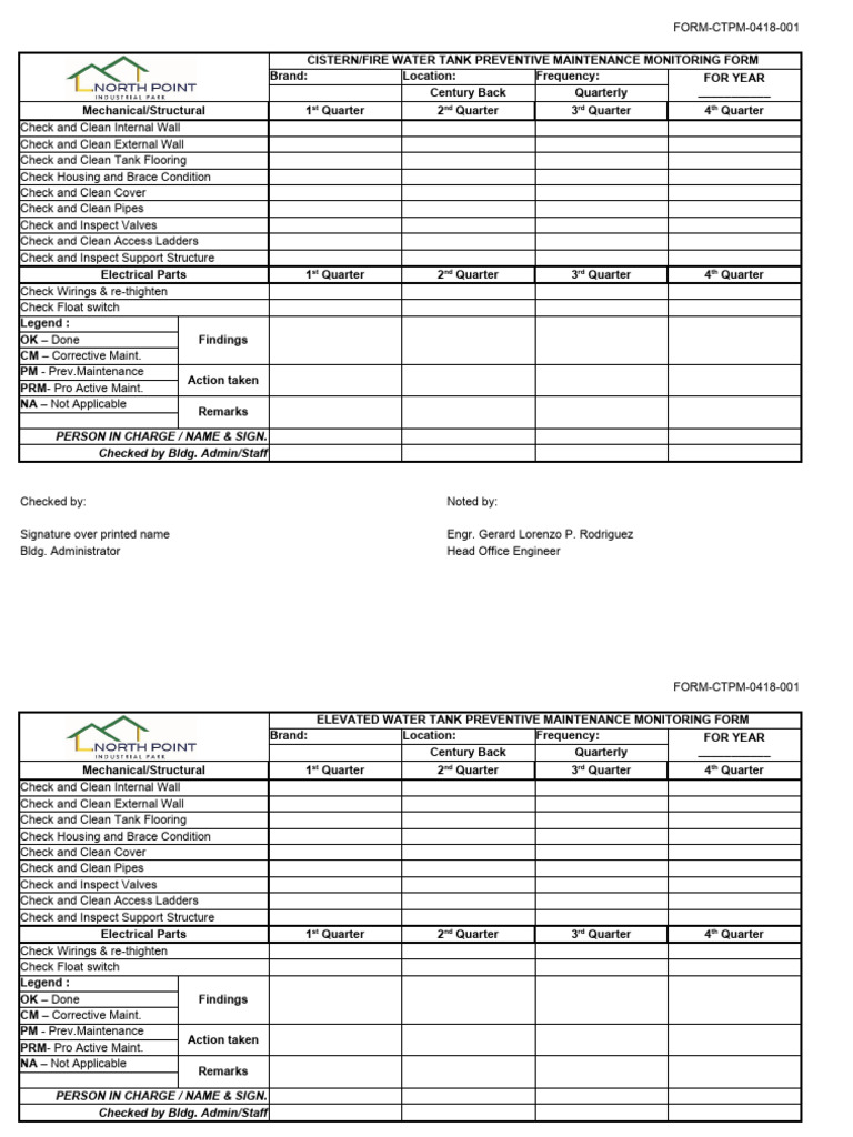 Cistern and Water Tank Maintenance Form | PDF | Manufactured Goods