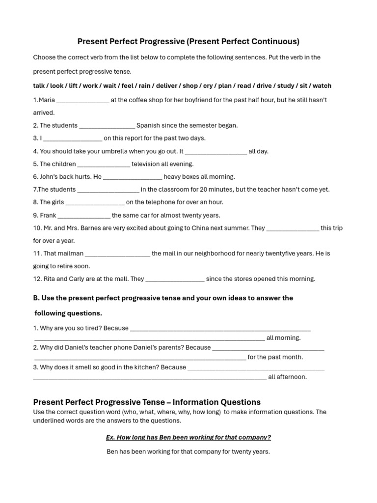 Present Perfect Progressive Exercises | PDF | Career & Growth ...