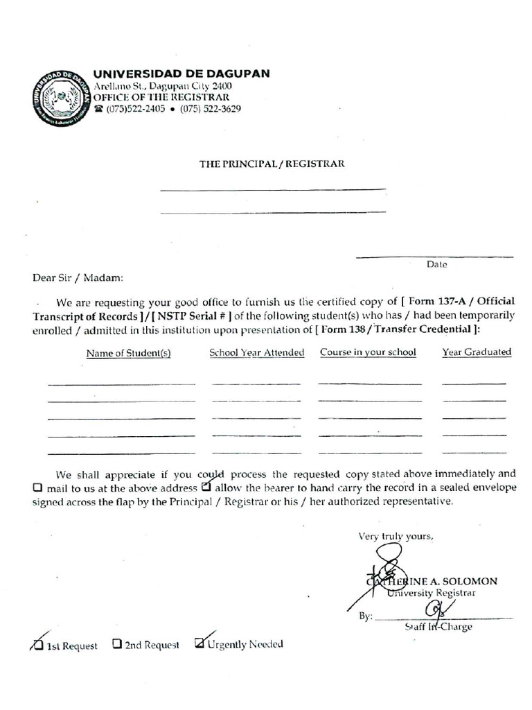 REQUEST LETTER FOR TC | PDF