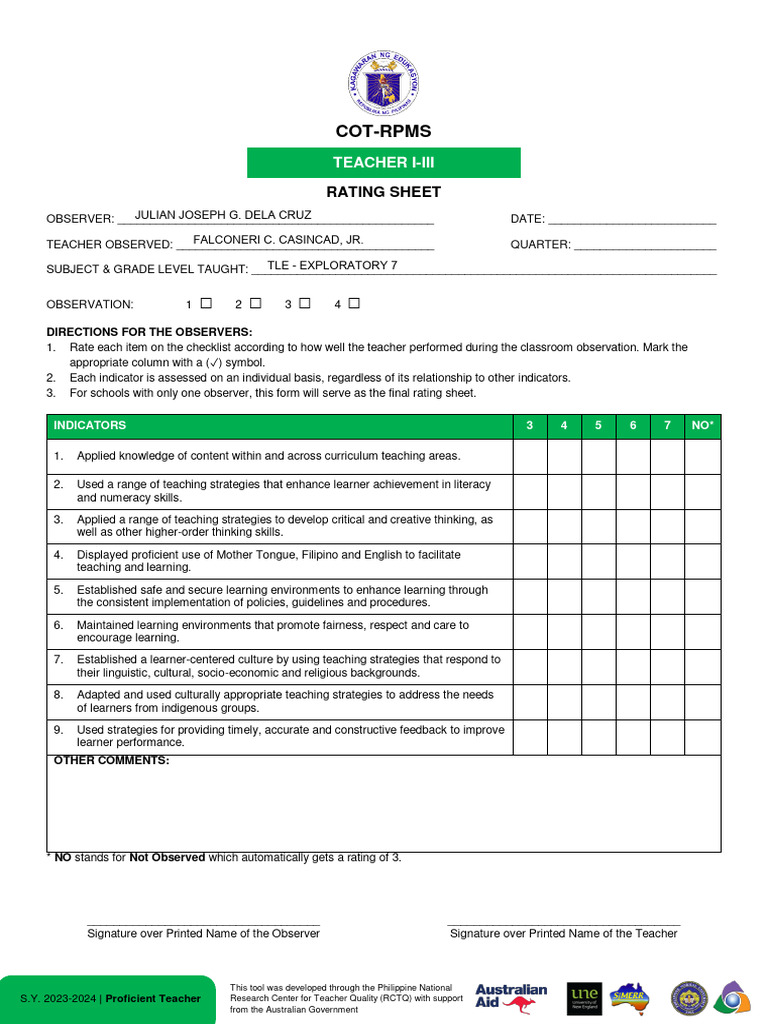 Teacher Observation Rating Sheet 2023 | PDF | Teachers | Learning