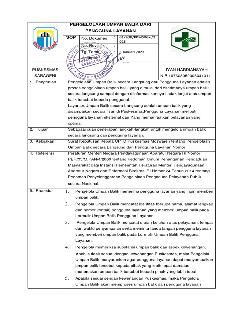 1.1.2.d Sop Pengelolaan Umpan Balik Dari Pengguna Layanan | PDF