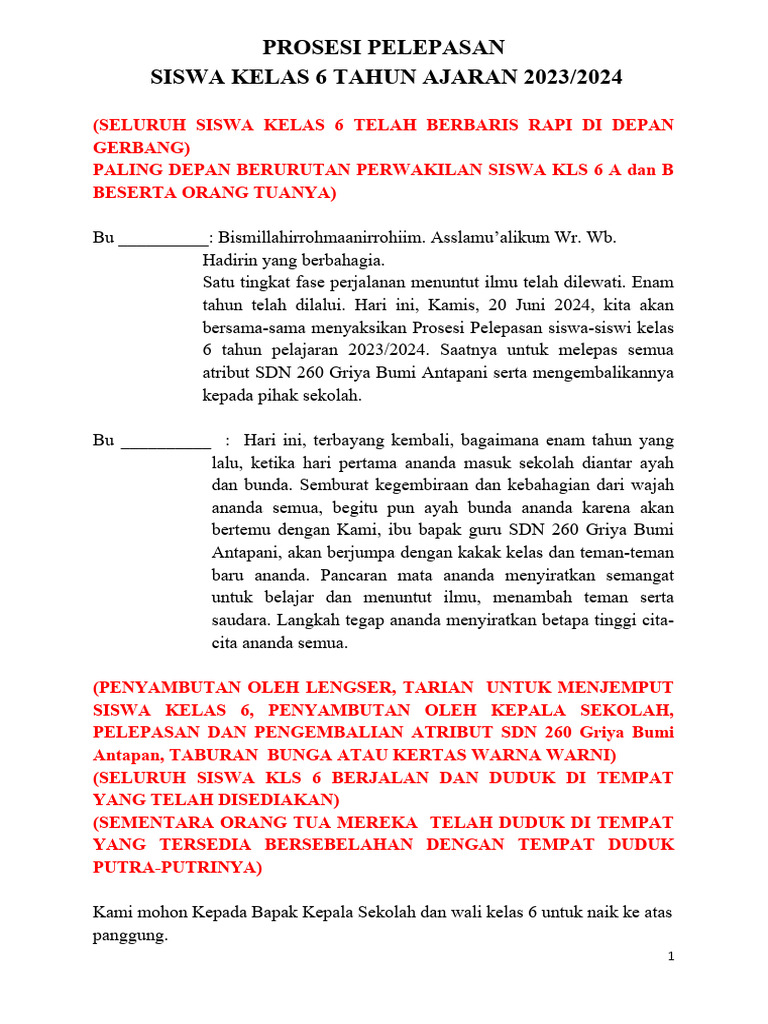 Teks Prosesi Pelepasan Kelas 6 (Sungkeman Siswa Ke Guru) | PDF Teks Prosesi Pelepasan Kelas 6 (Sungkeman Siswa Ke Guru) | PDF