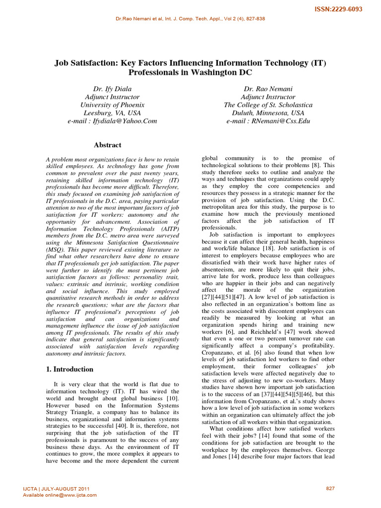 Job Satisfaction: Key Factors Influencing Information Technology (IT) Professionals in ...