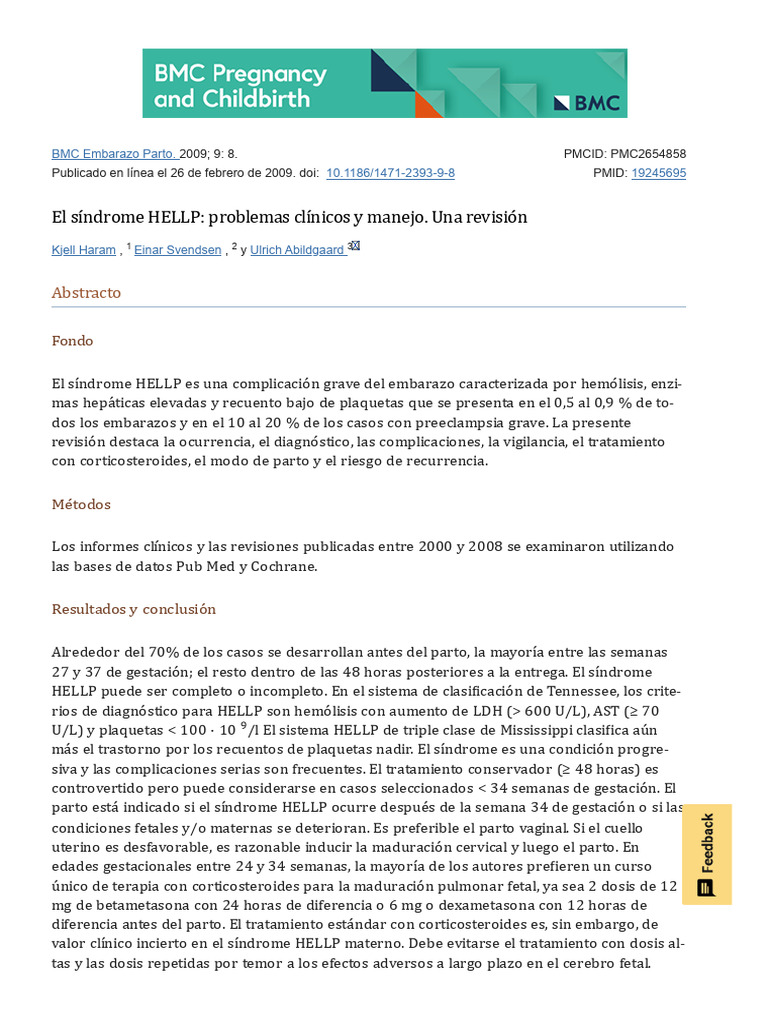 El Síndrome HELLP - Problemas Clínicos y Manejo. Una Revisión - PMC | PDF | Parto prematuro | El ...