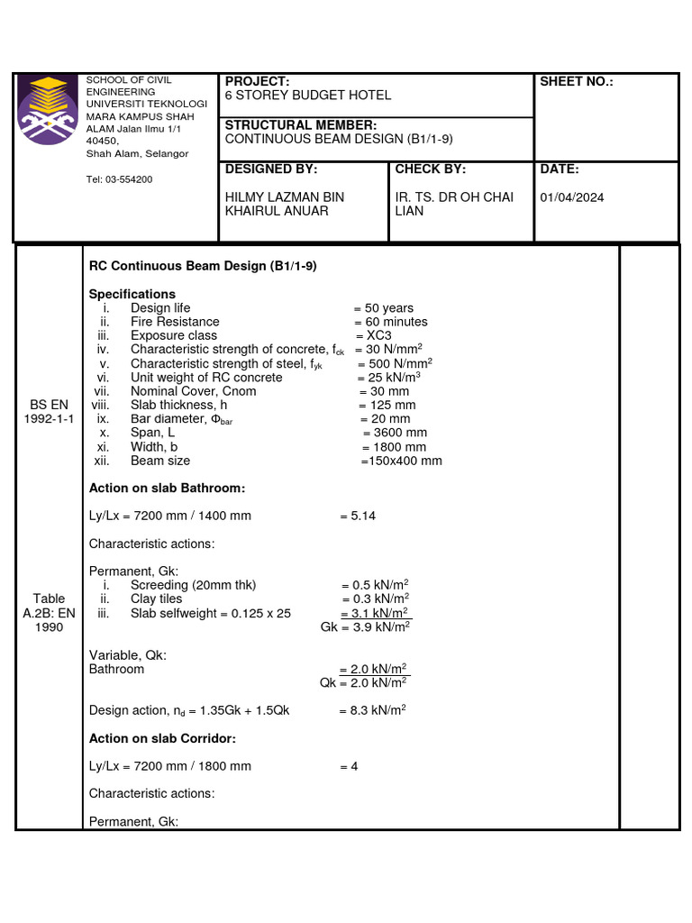 Continuous Beam Design_B1-1-9_Hilmy | PDF | Solid Mechanics | Civil ...