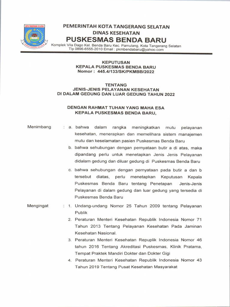 SK Jenis-Jenis Pelayanan PKM 2022 | PDF