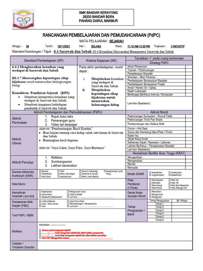 RPH SEJARAH T2 2021 Minggu 39 | PDF