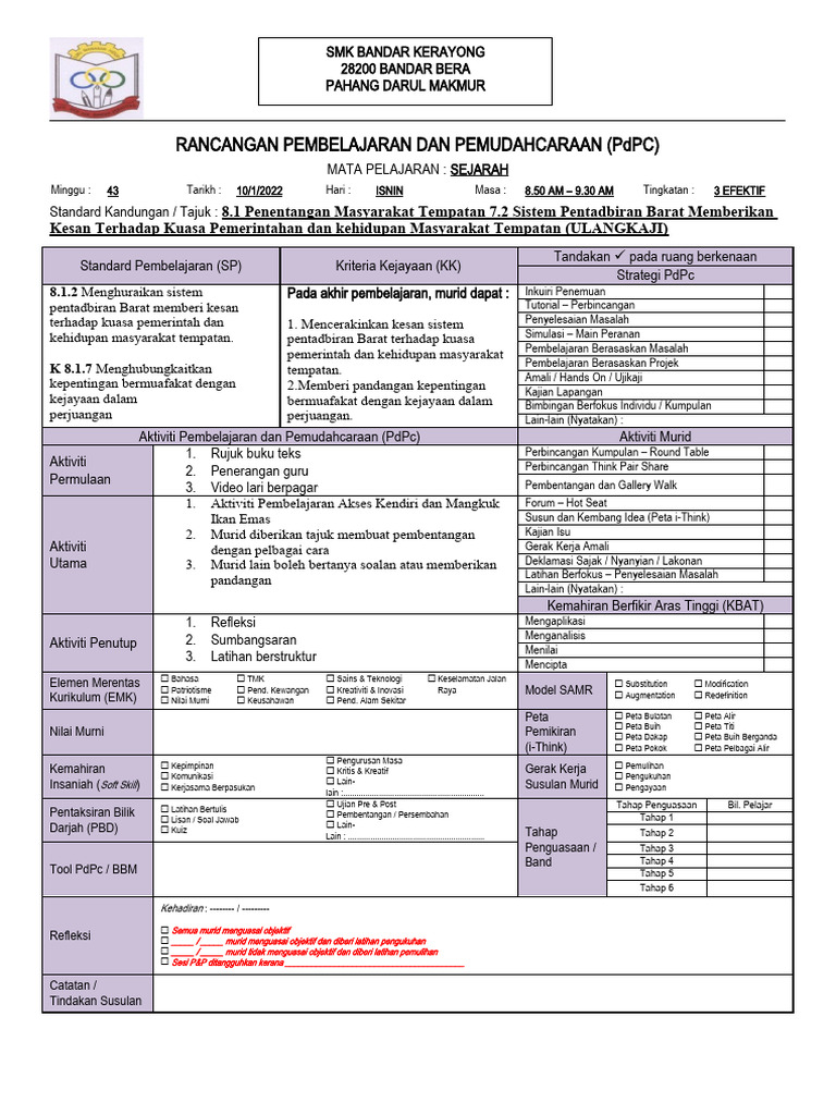 RPH SEJARAH T3 2022 Minggu 43 | PDF