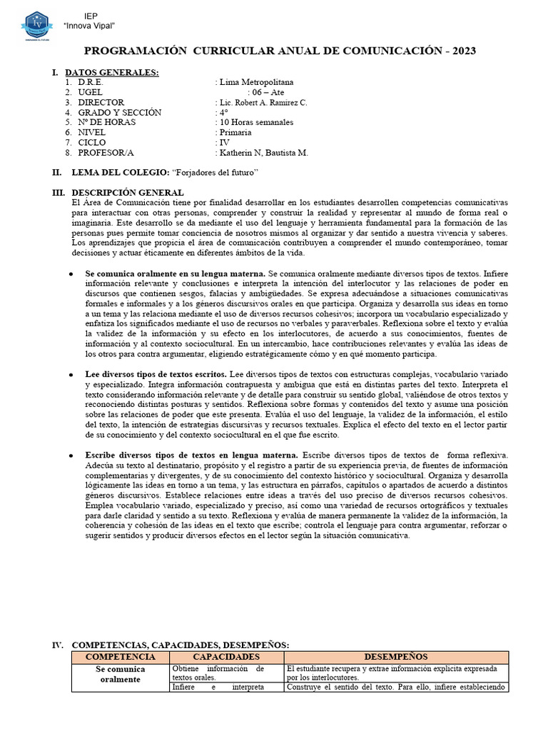 Programación Anual 4 Primaria - 2023 | PDF | Comunicación