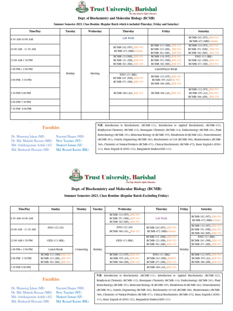 Summer 2023 Biochemistry Class Schedule | PDF | Biotechnology | Bioenergetics