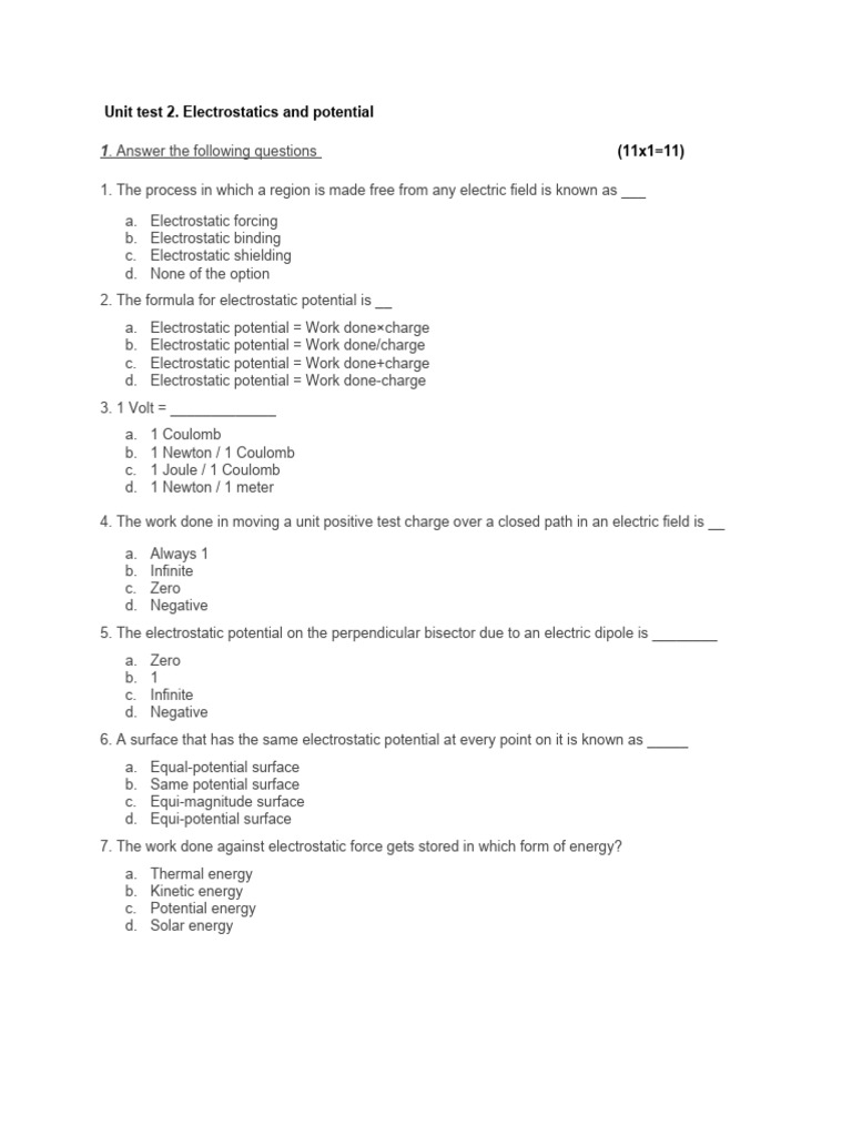 Unit Test 2 | PDF | Electrostatics | Electric Field