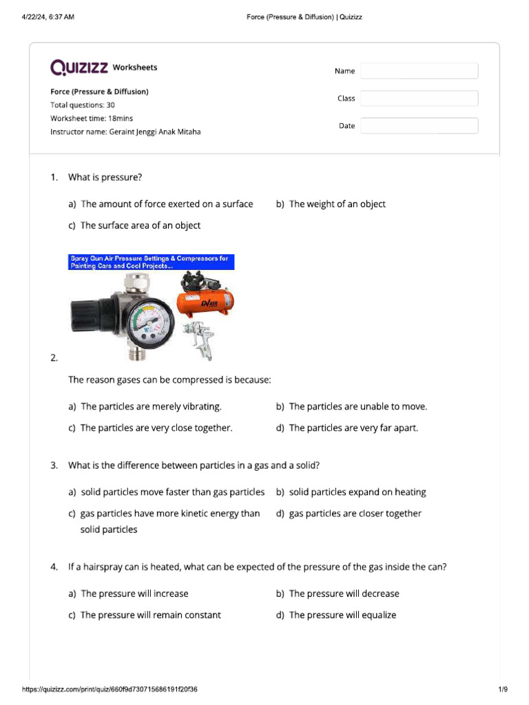 Quiz (Force - Pressure) | PDF