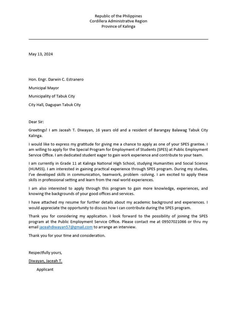 SPES Application Letter - Tabuk City | PDF | Wellness | Career & Growth