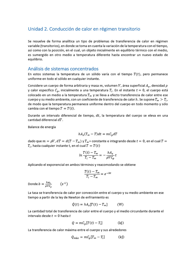 Unidad 2 Conducción transitoria | Descargar gratis PDF | Transferencia de calor | Conduccion termica