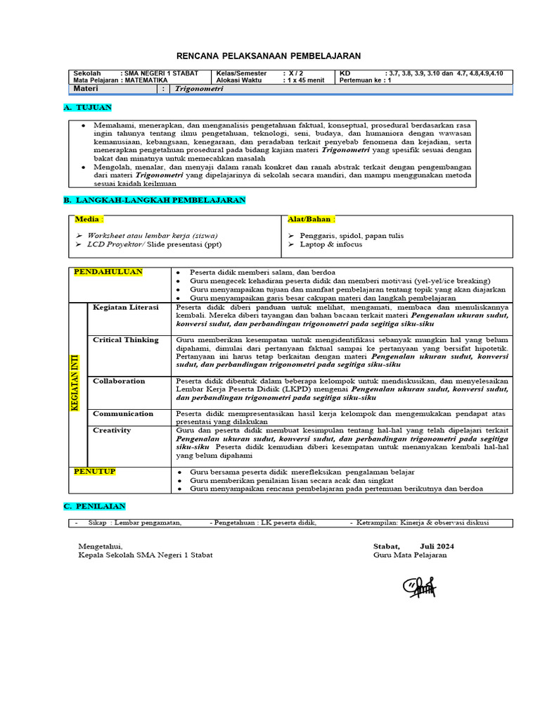 RPP MTK Umum Kelas X Trigonometri | PDF