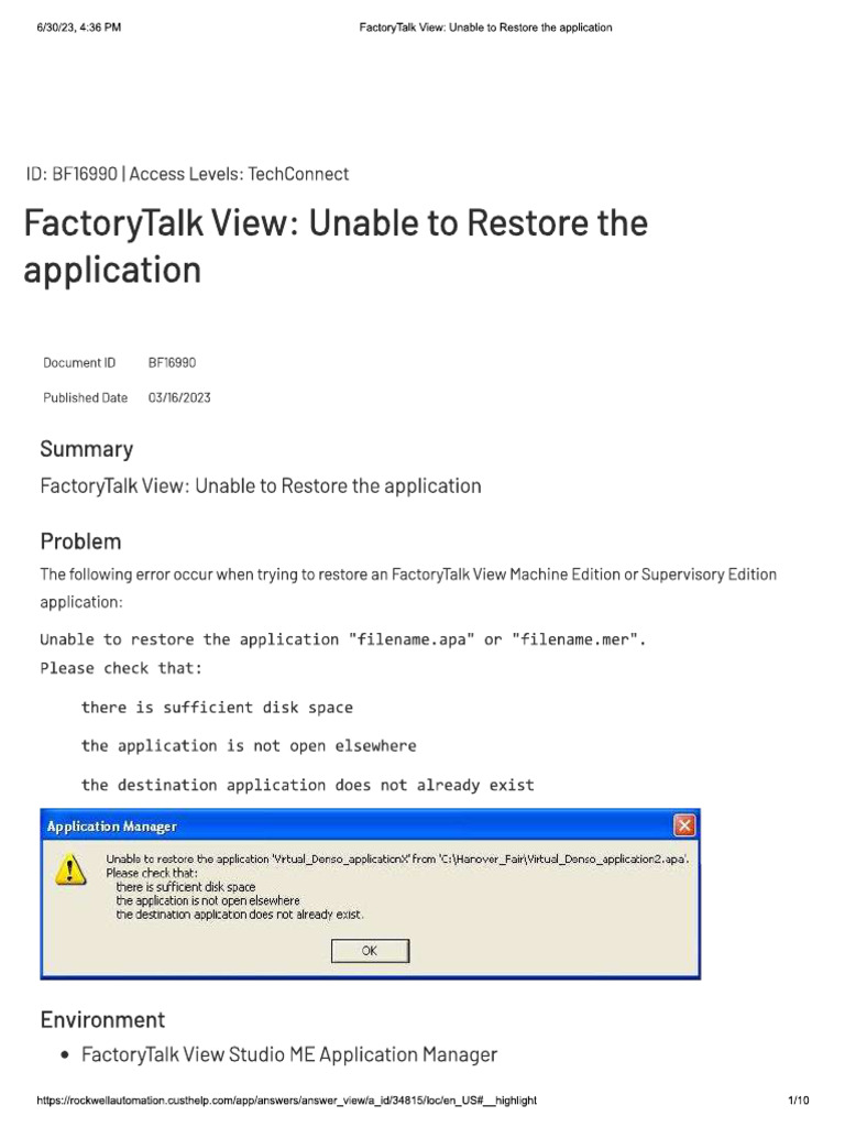FactoryTalk View Unable To Restore The Application | PDF