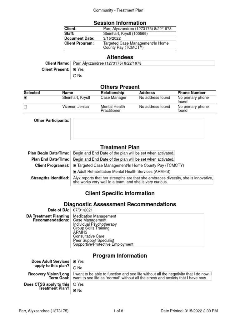 A.P. TX Plan 3.15.22 | PDF | Mental Health | Mental Disorder