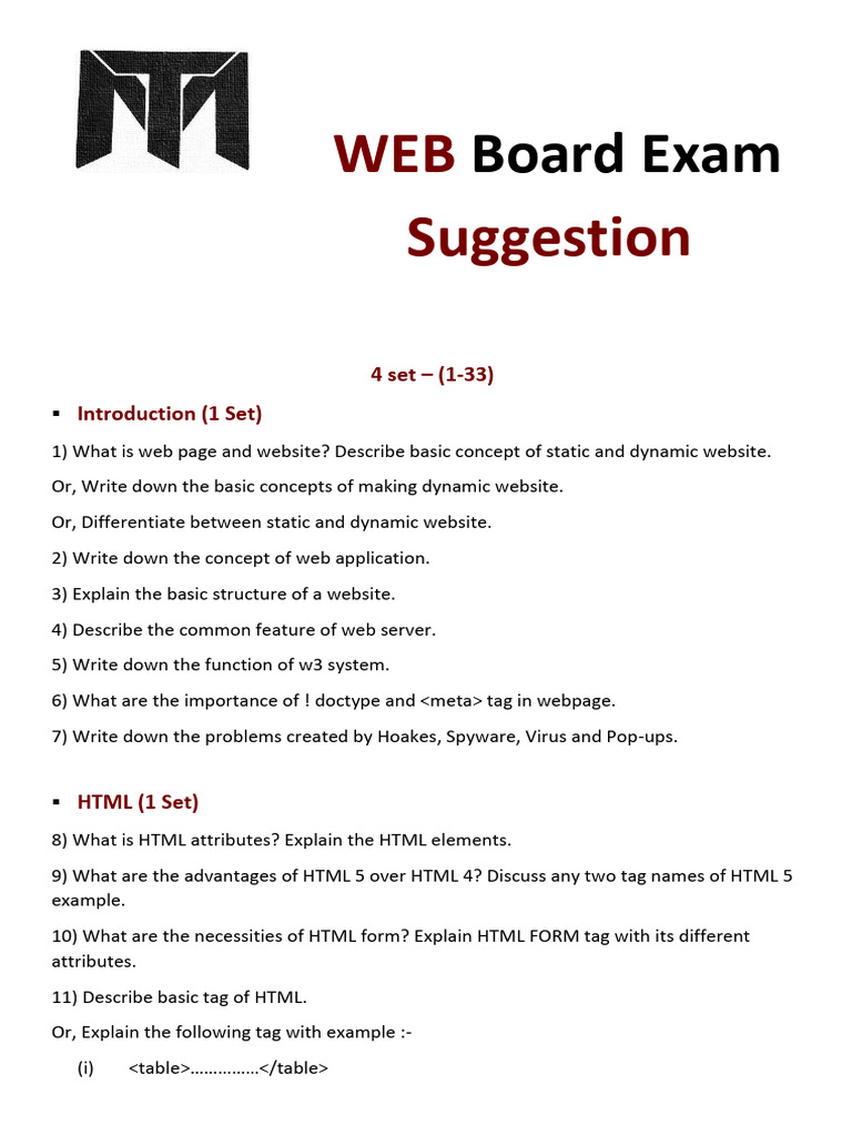 WEB Board Exam Suggestion | PDF | Html | Java Script