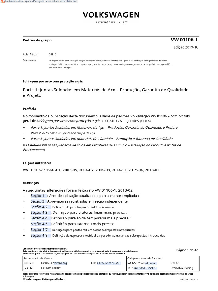 Norma de Soldagem Volkswagen VW 01106-1 (Traduzida) | PDF | Materiais