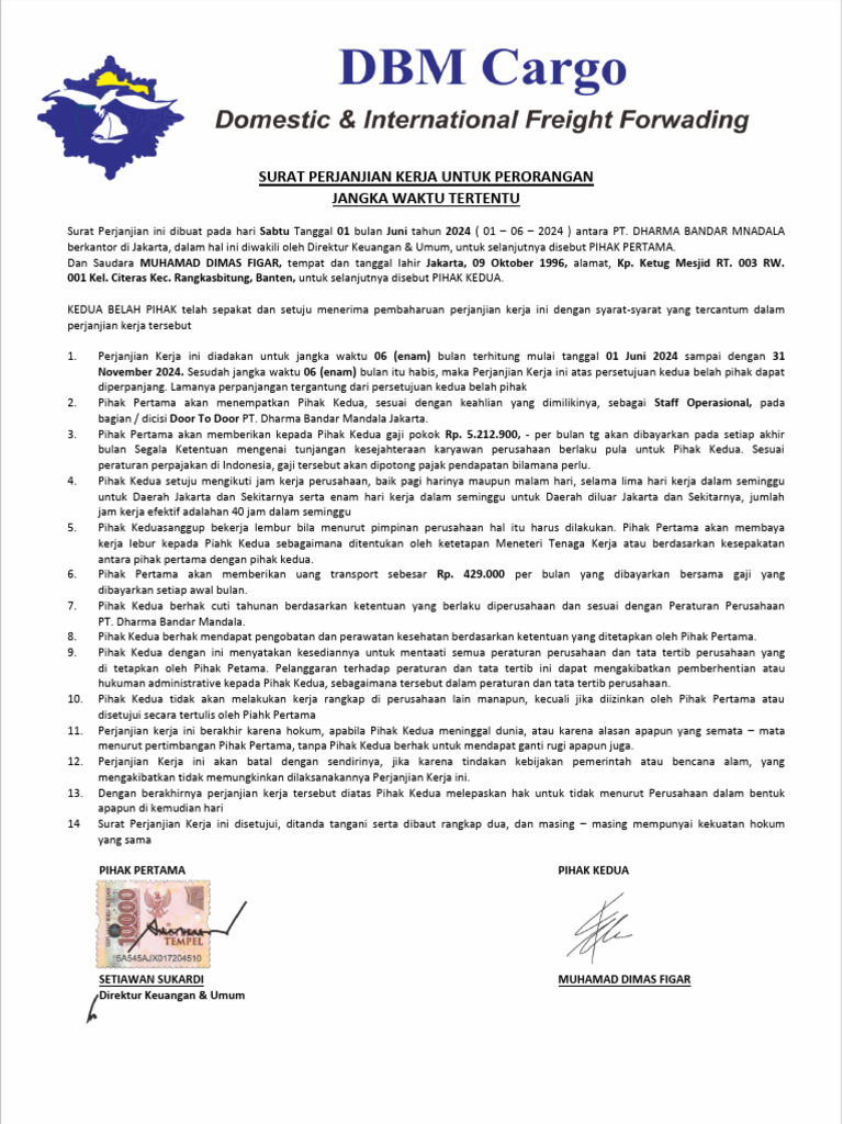 Surat Perjanjian Kerja Untuk Perorangan m Dimas Figar | PDF