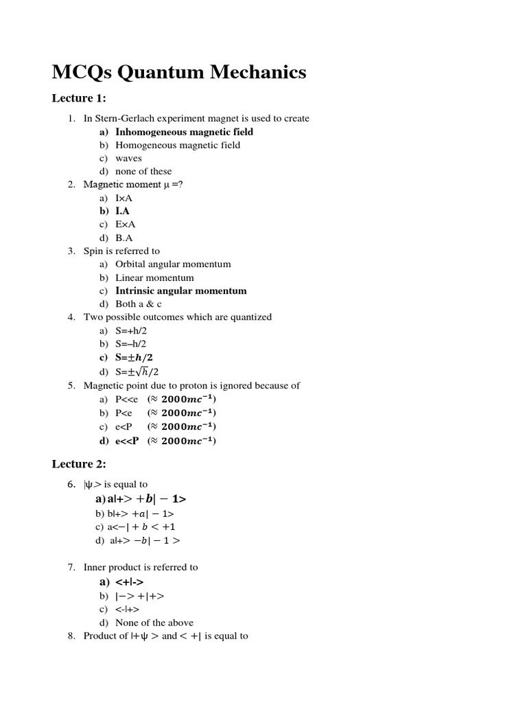 308 Mcqs Quantummechanics | PDF | Wave Function | Spin (Physics)