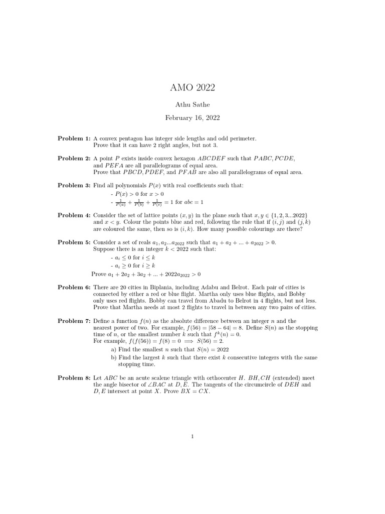 Amo 2022 Australian Maths Olympiad Past Paper | PDF | Euclid ...