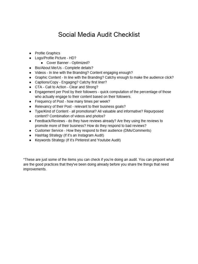 Social Media Audit Checklist | Download Free PDF | Social Media ... Social Media Audit Checklist | Download Free PDF | Social Media ...