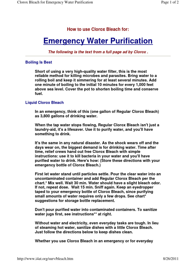Clorox Bleach For Emergency Water Purification | PDF | Water | Water ...