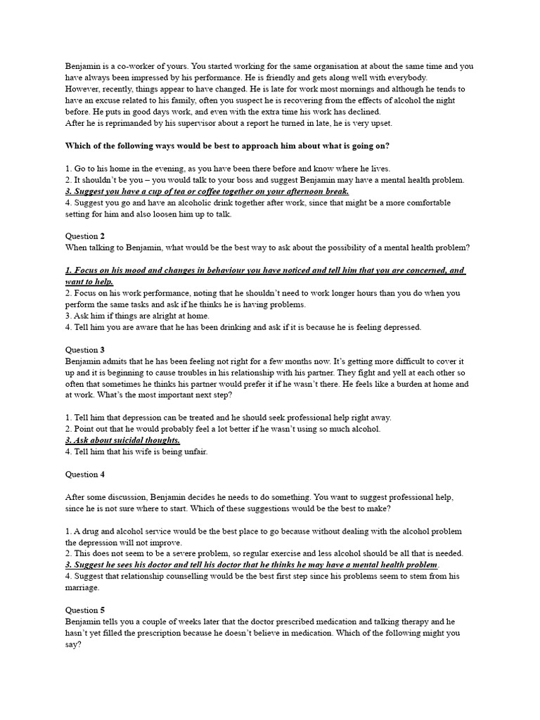 MHFA answers | Download Free PDF | Major Depressive Disorder | Mental ...