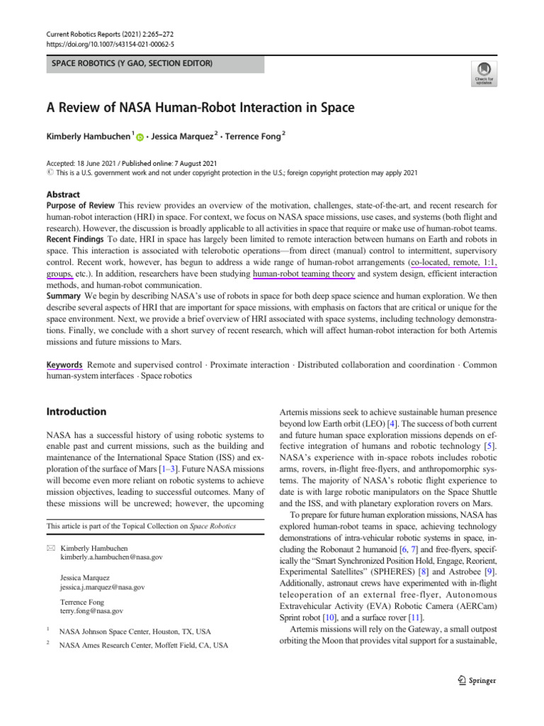 A Review of NASA Human-Robot Interaction in Space | PDF | Nasa | International Space Station