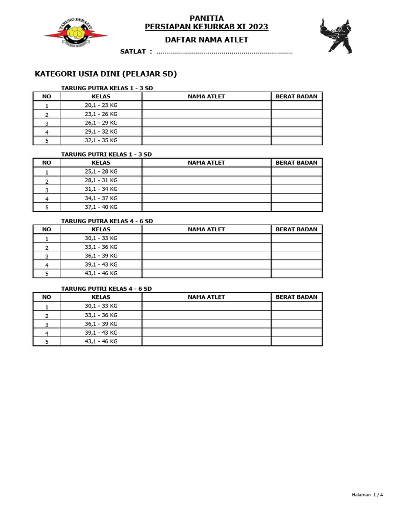 Form Daftar Nama Atlet Seleksi KEJURKAB XI 2023 | PDF