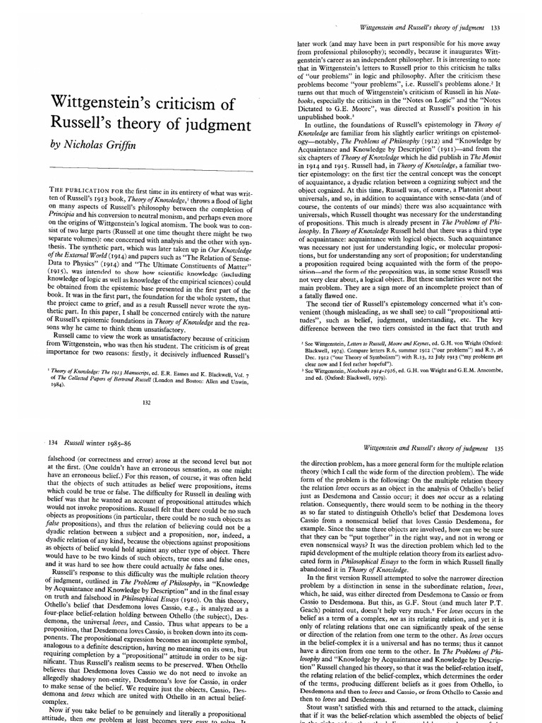 Wittgenstein's Criticism of Russell's Theory of Judgment | PDF | Ludwig ...