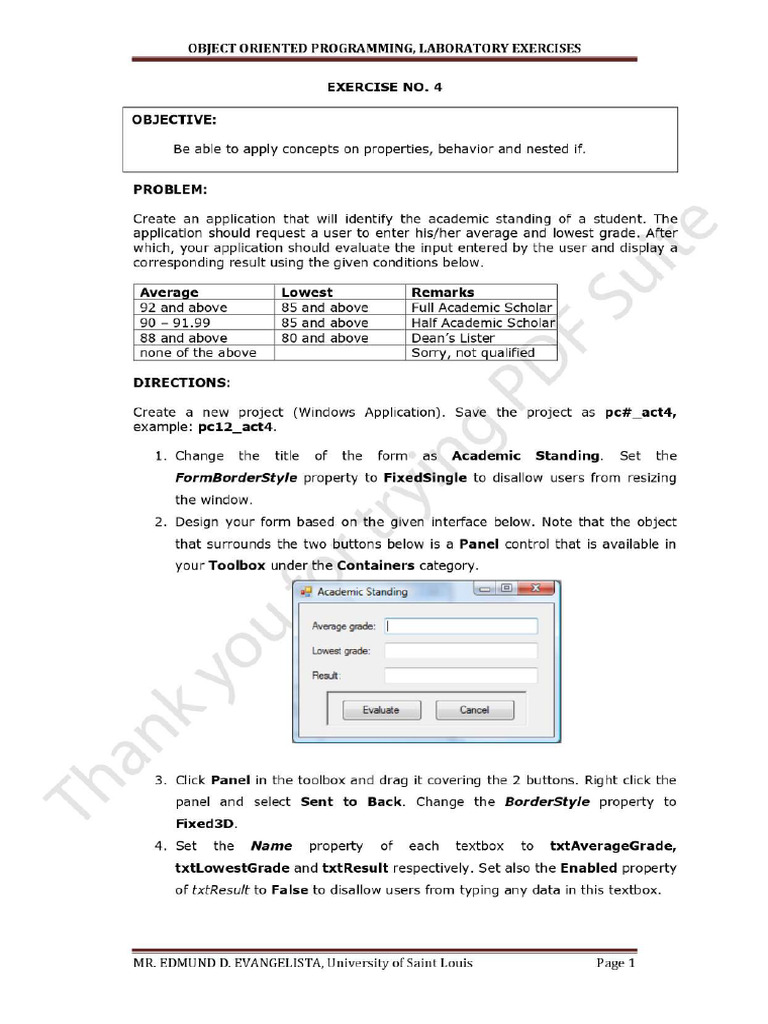 Laboratory Exercises in Visual CSharp - Lab4 To Lab5 | PDF