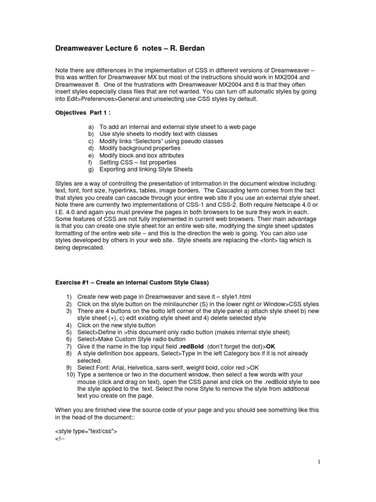 Dreamweaver Lecture 6 Notes - R. Berdan: Objectives Part 1 | PDF ...