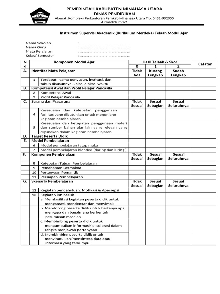 Instrumen Supervisi Penelaahan Modul Ajar | PDF