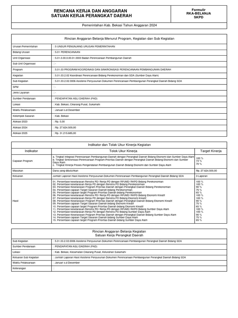 Rencana Kerja Dan Anggaran Satuan Kerja Perangkat Daerah: Formulir Rka-Belanja SKPD | PDF ...